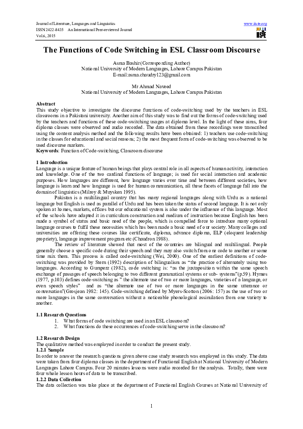 (PDF) The Functions of Code Switching in ESL Classroom Discourse