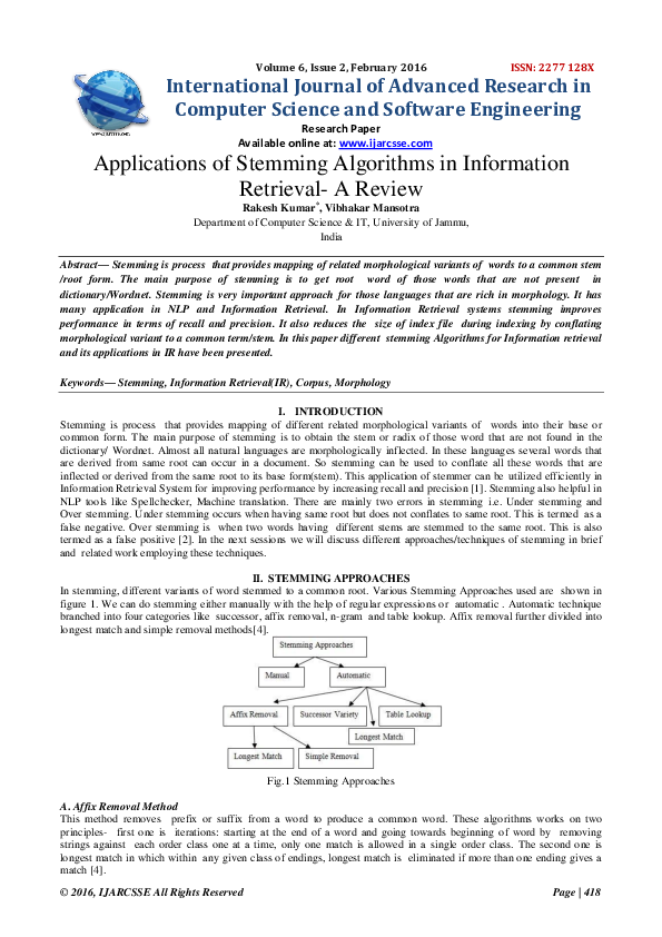 Pdf Applications Of Stemming Algorithms In Information Retrieval A Review