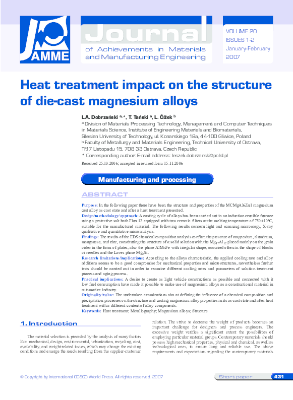 (PDF) Heat treatment impact on the structure of die-cast magnesium alloys