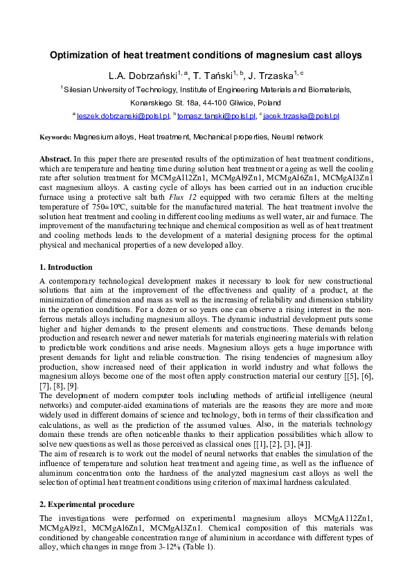 (PDF) Optimization of Heat Treatment Conditions of Magnesium Cast Alloys