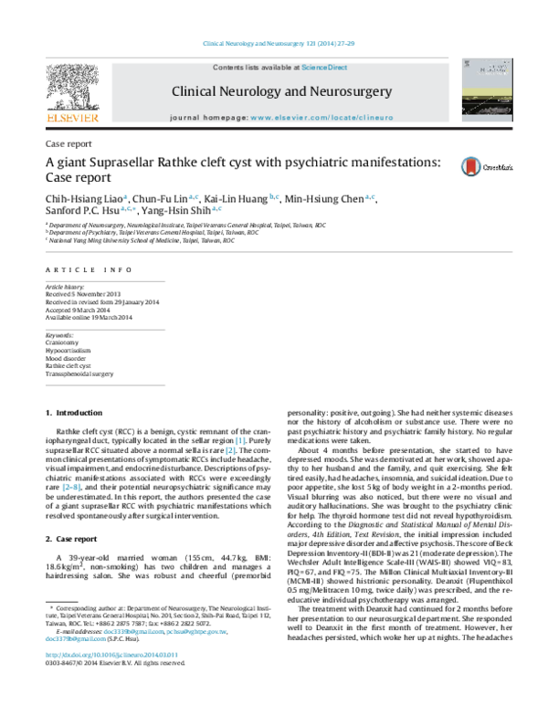 (PDF) A giant Suprasellar Rathke cleft cyst with psychiatric ...