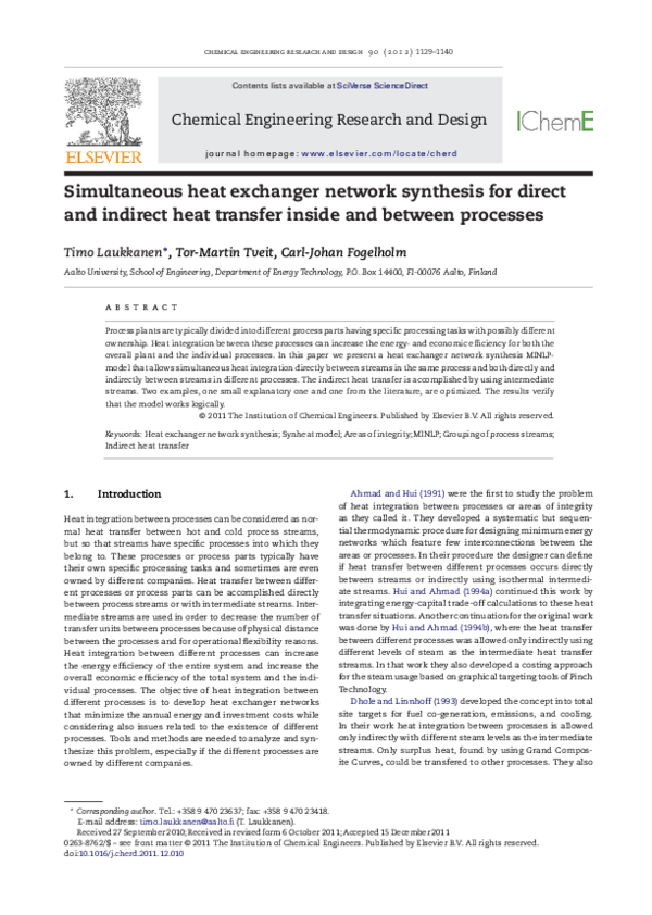 (PDF) Simultaneous heat exchanger network synthesis for direct and indirect heat transfer inside ...