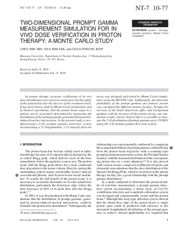 (PDF) Two-Dimensional Prompt Gamma Measurement Simulation for in Vivo ...