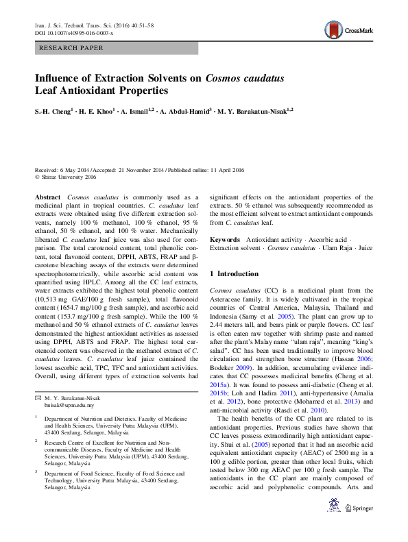 Pdf Influence Of Extraction Solvents On Cosmos Caudatus Leaf