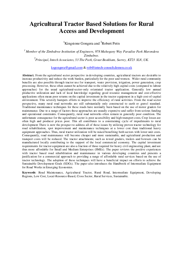 (PDF) Agricultural Tractor Based Solutions for Rural Access and Development