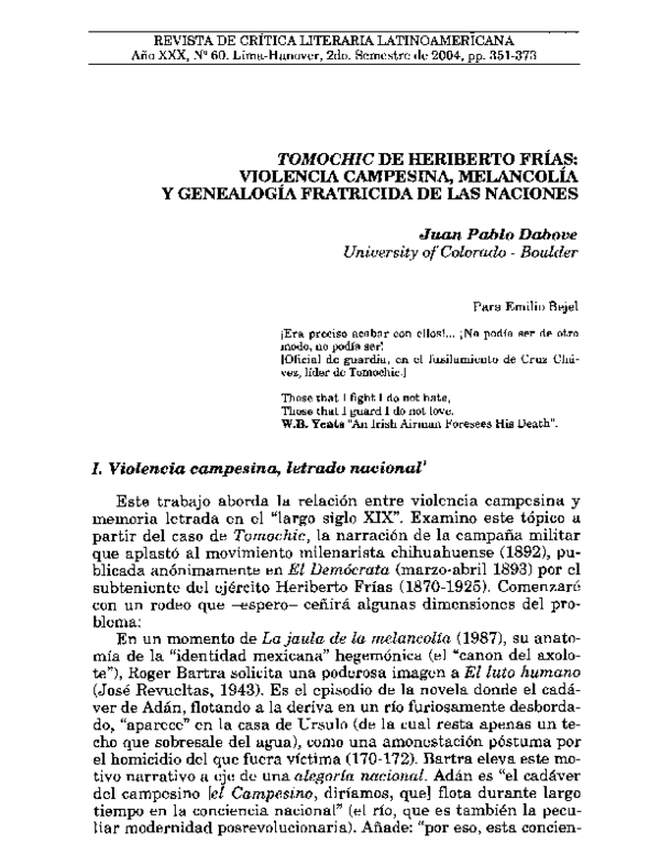 (PDF) " Tomochic" de Heriberto Frías: Violencia campesina, melancolía y ...