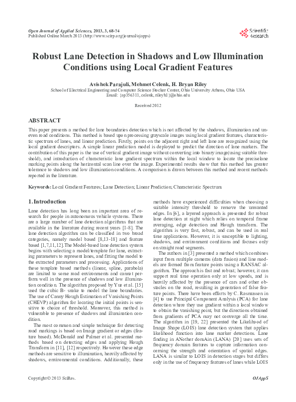 Pdf Robust Lane Detection In Shadows And Low Illumination Conditions Using Local Gradient Features