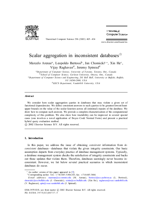 (PDF) Scalar aggregation in inconsistent databases