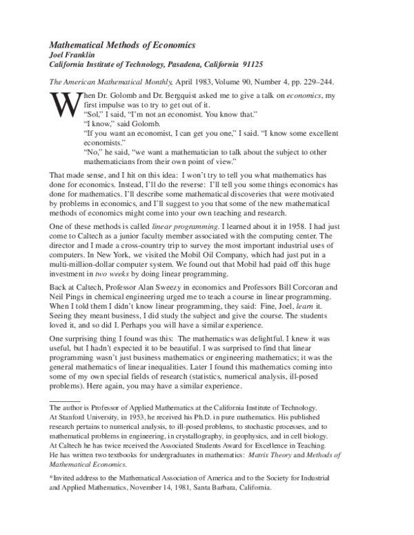 (PDF) Mathematical Methods of Economics