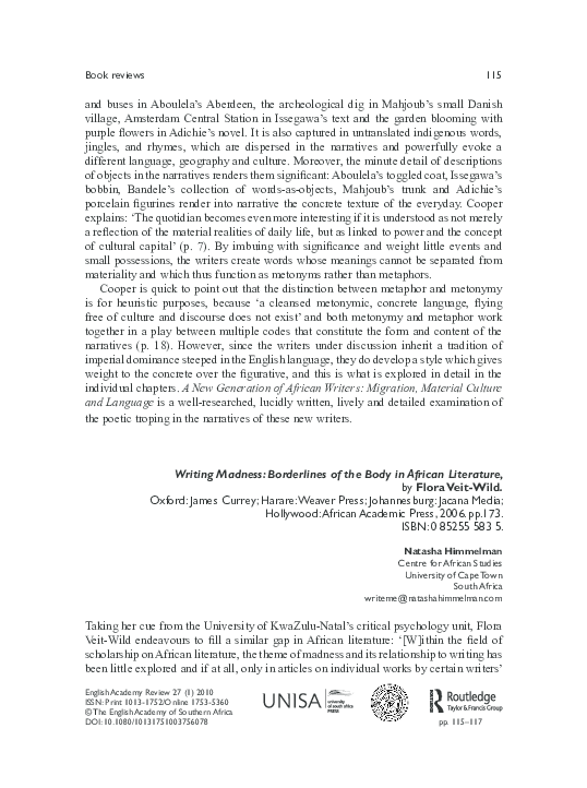 (PDF) Writing Madness: Borderlines of the Body in African Literature ...