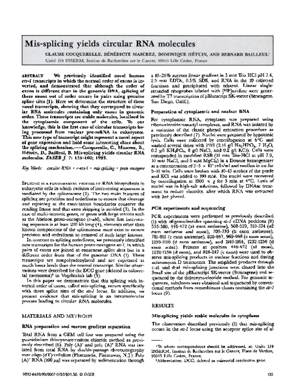 (PDF) Mis-splicing yields circular RNA molecules | claude cocquerelle - Academia.edu