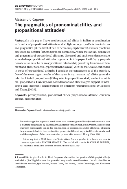 (PDF) The pragmatics of pronominal clitics and propositional attitudes 1