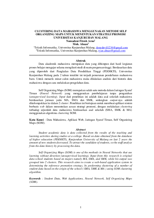 Pdf Clustering Data Mahasiswa Menggunakan Metode Self Organizing Maps Untuk Menentukan