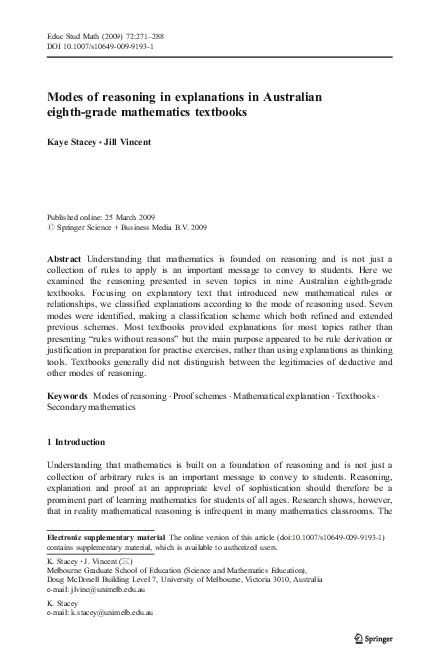 (PDF) Modes of reasoning in explanations in Australian eighth-grade ...