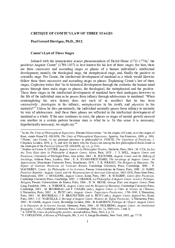(PDF) Critique of Comte's Law of Three Stages