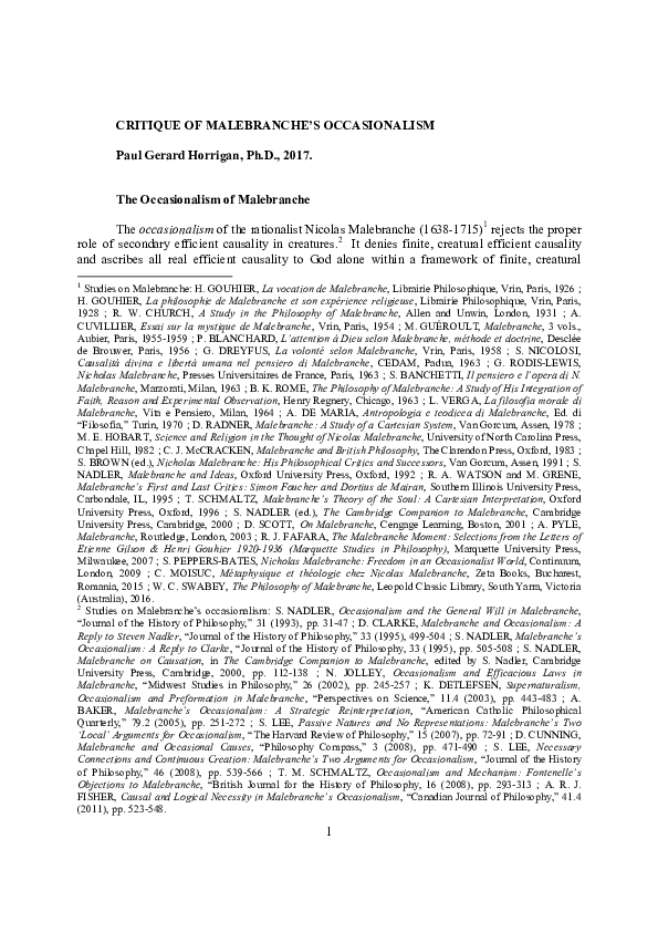 (PDF) Critique of Malebranche's Occasionalism