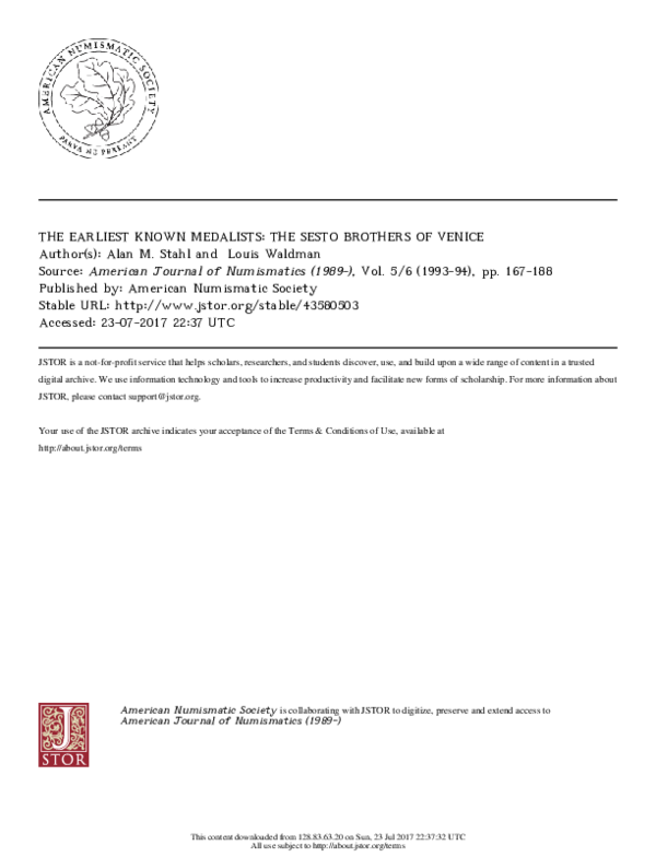 (PDF) Alan M. Stahl and Louis Alexander Waldman, “The Earliest Known ...