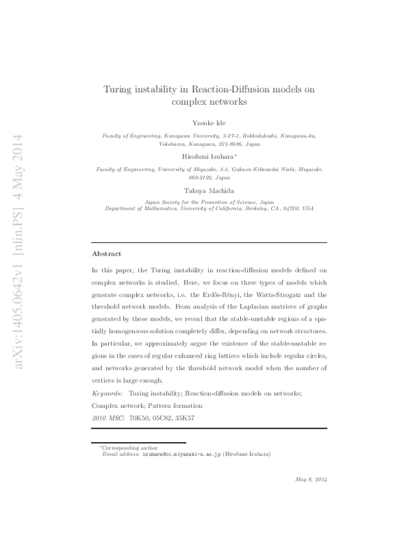 (PDF) Turing instability in Reaction-Diffusion models on complex networks
