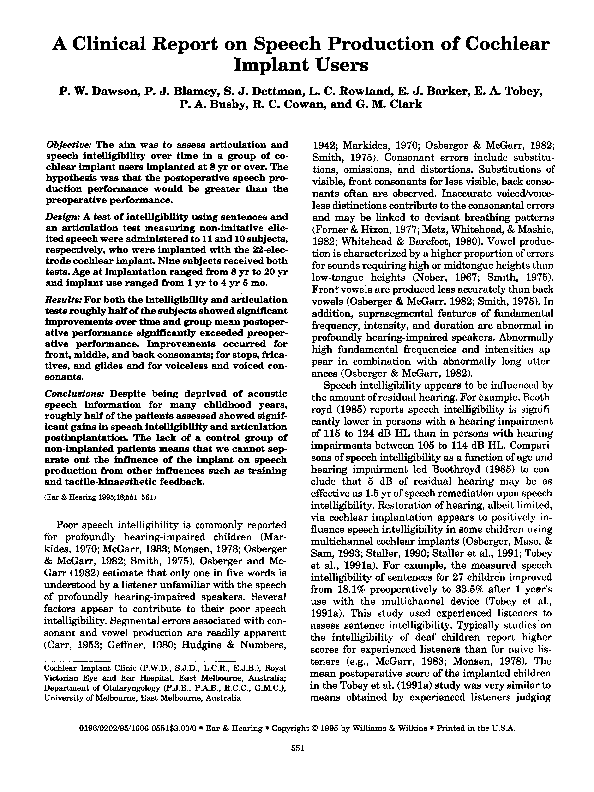 (PDF) A Clinical Report on Speech Production of Cochlear Implant Users