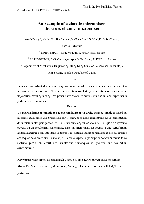 (PDF) Chaotic Mixing in a Cross-Channel Micromixer