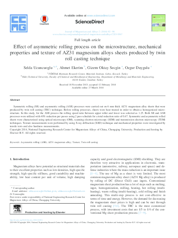 (PDF) Effect of asymmetric rolling process on the microstructure, mechanical properties and ...