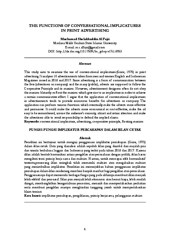 (PDF) THE FUNCTIONS OF CONVERSATIONAL IMPLICATURES IN PRINT ADVERTISING