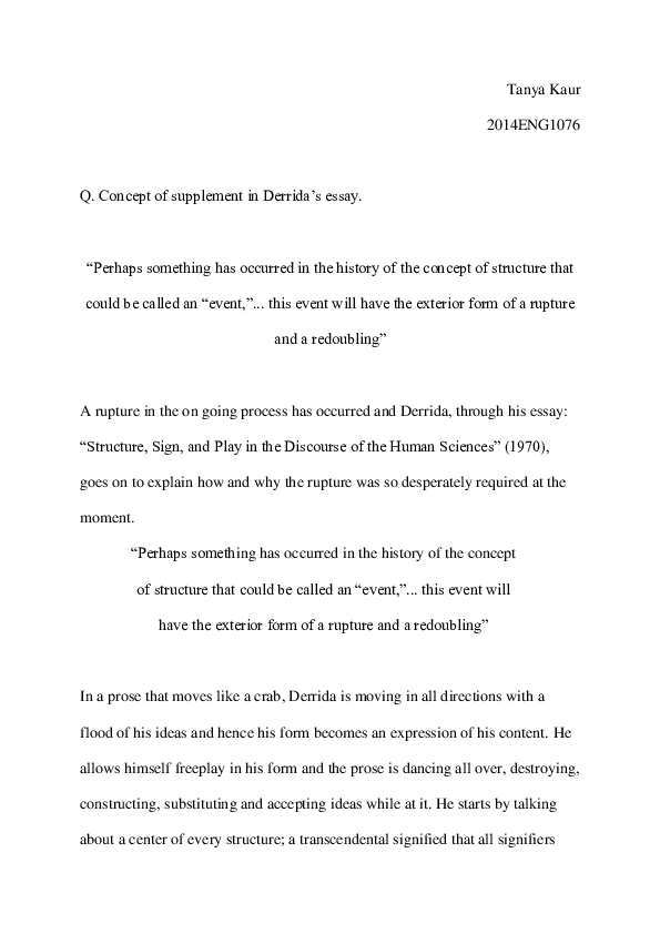 (DOC) Q. Concept of supplement in Derrida’s essay.