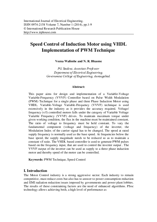 (PDF) Speed Control of Induction Motor using VHDL Implementation of PWM Technique