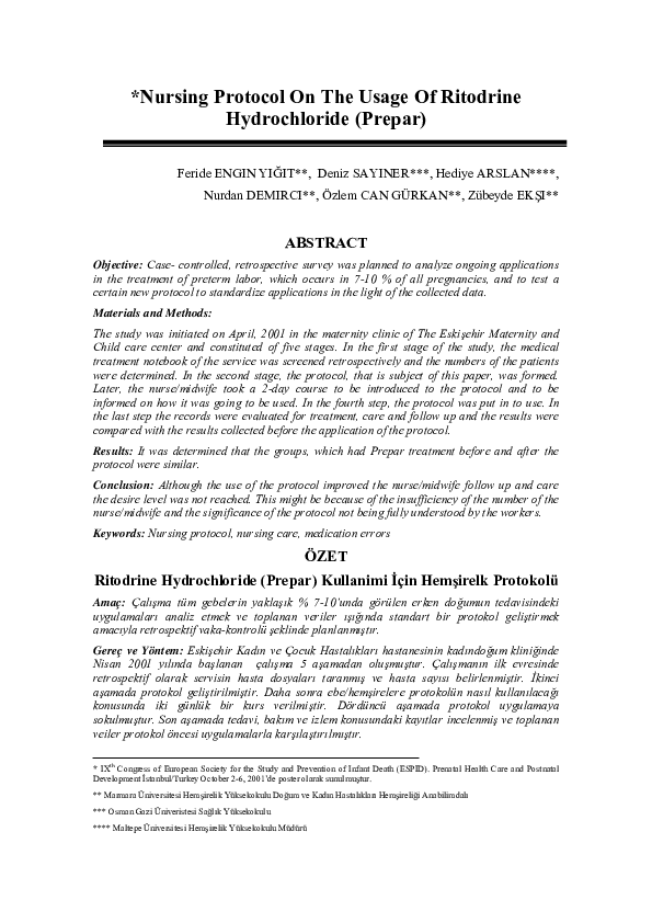 (PDF) Nursing Protocol On The Usage Of Ritodrine Hydrochloride (Prepar)