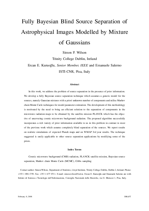 Pdf Fully Bayesian Source Separation Of Astrophysical Images Modelled By Mixture Of Gaussians