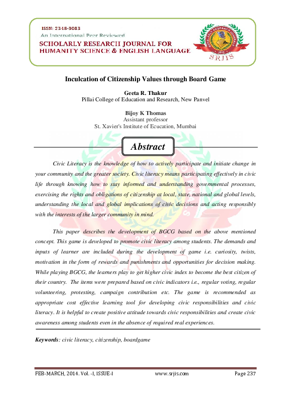 (PDF) Inculcation of Citizenship Values through Board Game