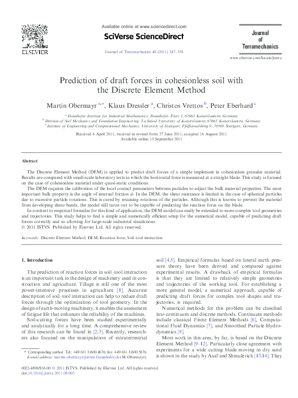 (PDF) Prediction of draft forces in cohesionless soil with the Discrete Element Method | Martin ...