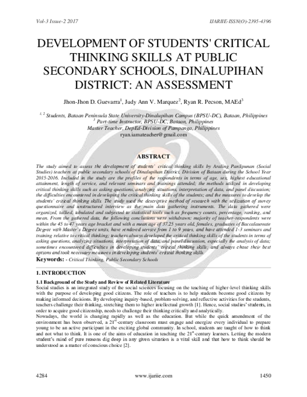 (PDF) DEVELOPMENT OF STUDENTS' CRITICAL THINKING SKILLS AT PUBLIC ...