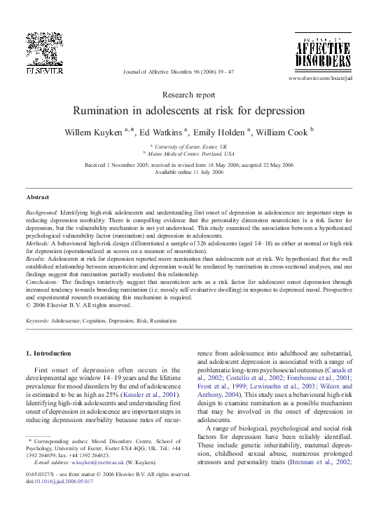 (PDF) Rumination in adolescents at risk for depression