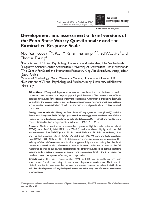 (PDF) Development and assessment of brief versions of the Penn State ...