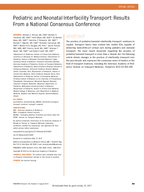 (PDF) Pediatric and Neonatal Interfacility Transport: Results From a National Consensus Conference
