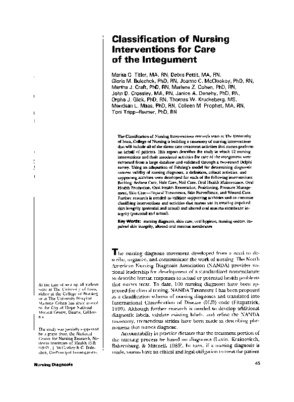 (PDF) Classification of Nursing Interventions for Care of the Integument