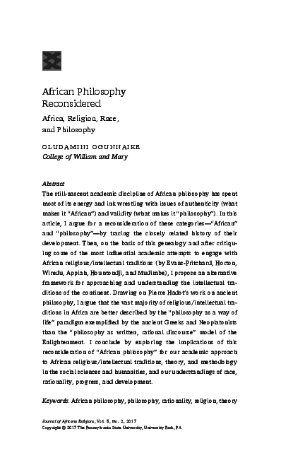 (PDF) African Philosophy Reconsidered: Africa, Religion, Race, and Philosophy