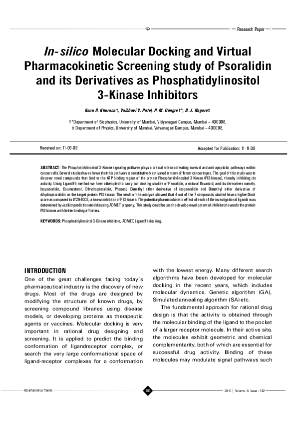 (PDF) In-silico Molecular Docking and Virtual Pharmacokinetic Screening study of Psoralidin and ...