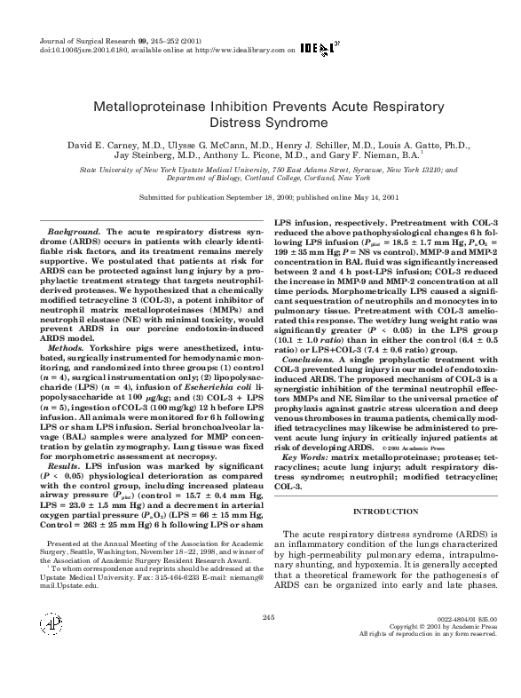 (PDF) Metalloproteinase Inhibition Prevents Acute Respiratory Distress ...