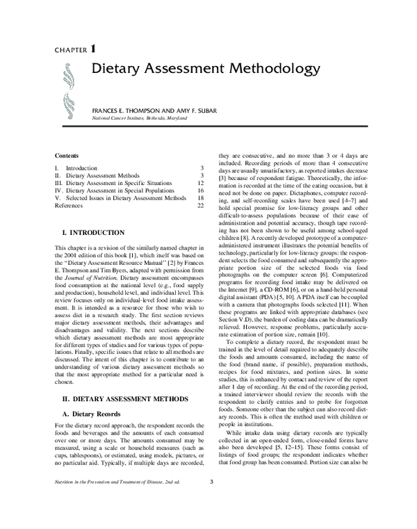(PDF) Dietary Assessment Methodology