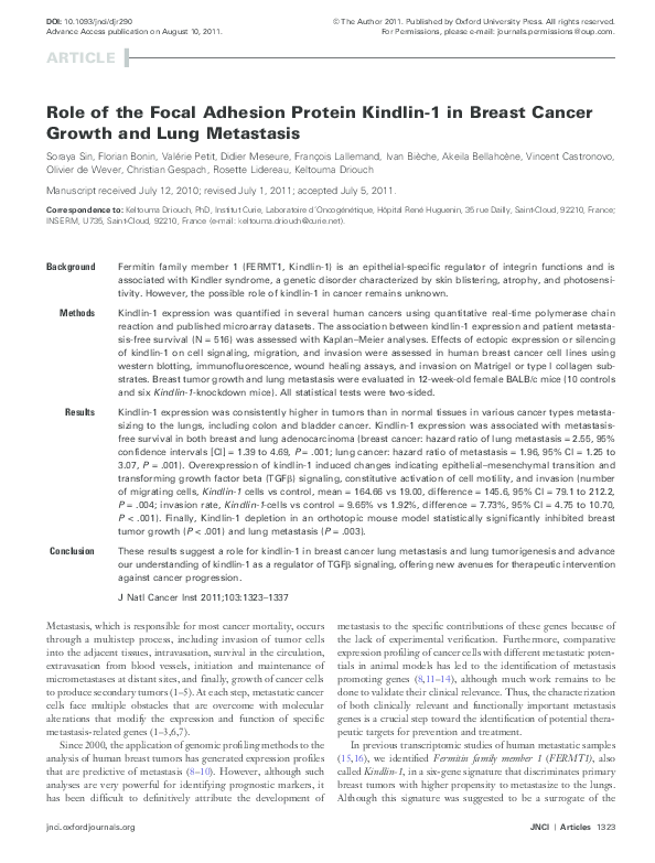 (PDF) Role of the Focal Adhesion Protein Kindlin-1 in Breast Cancer ...