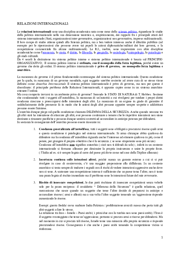 (DOC) RELAZIONI INTERNAZIONALI