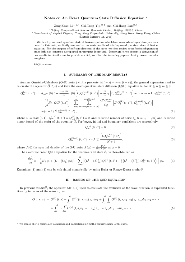 (PDF) Notes on An Exact Quantum State Diffusion Equation