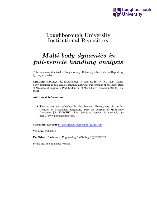 (PDF) Multi-body dynamics in full-vehicle handling analysis