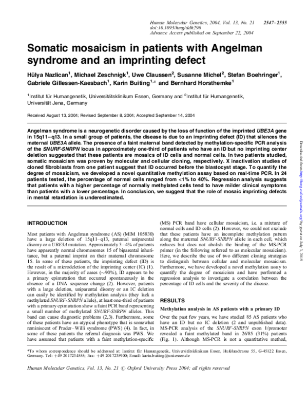 (PDF) Somatic mosaicism in patients with Angelman syndrome and an ...