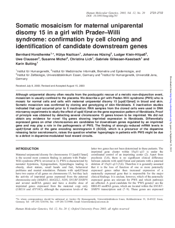 (PDF) Somatic mosaicism for maternal uniparental disomy 15 in a girl ...