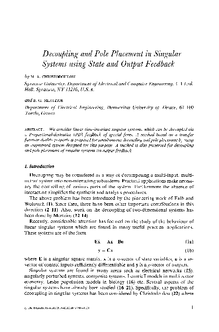 Pdf Decoupling And Pole Placement In Singular Systems Using State And