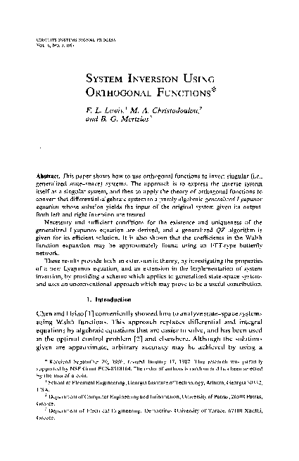 (PDF) SYSTEM INVERSION USING ORTHOGONAL FUNCTIONS