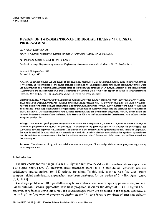 Pdf Two Dimensional Iir Filters Via Linear Programming 